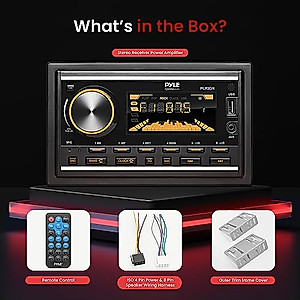 Pyle Boat Bluetooth Marine Stereo Receiver-Marine Head Unit Double DIN Stereo Receiver Power Amplifier-Hands-Free Calling,LCD,AM/FM/MP3/BT/USB/AUX-Remote Control,Wiring Harness-Pyle PLR2DN