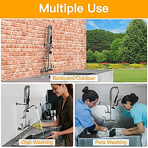 FAUAID Commercial Sink Faucet with Sprayer 25" Height 8" Adjustable Center 10" Swing Spout,Brass Constructed Wall Mount Commercial Faucet with Pull Down Pre-Rinse Sprayer for 1/2 Compartment Sink（25"）