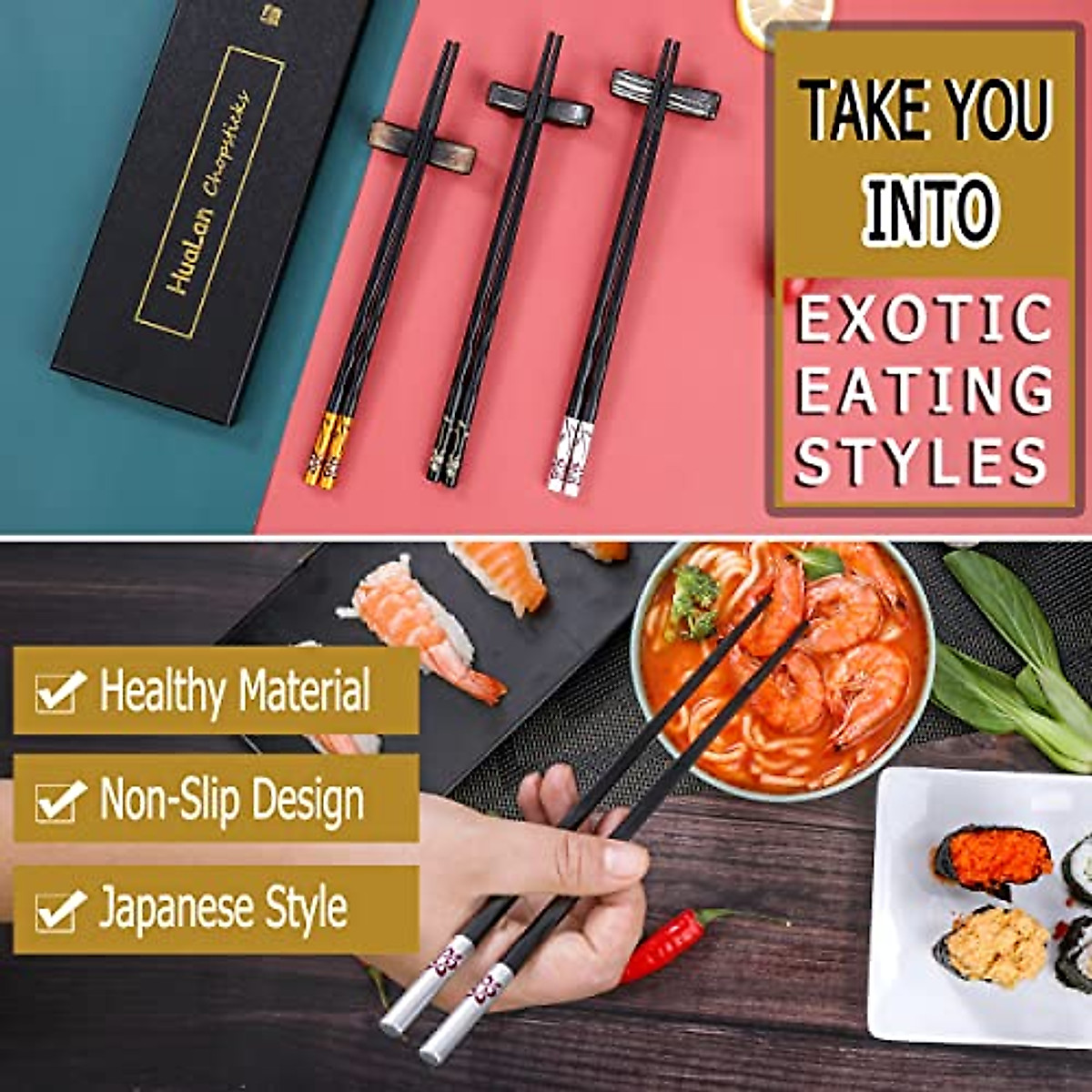 HuaLan Fiberglass Chopsticks Series - Japanese Non-Slip Chopstick, Reusable Chop Sticks Dishwasher Safe, 5 Pairs, Gift Set, 9.9 Inches