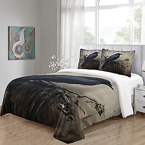 BUKISA 3D Printed Raven Comforter Cover Set for Kids Child Girls Boys Bedroom Textile Suit Skin-Friendly Crows Bedding Set Breathable Twin（173x218cm） Duvet Quilt with Pillowcases