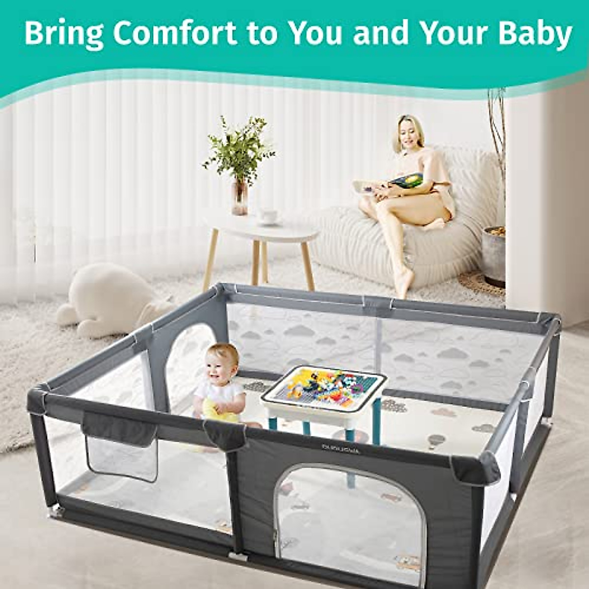 DUDUGWA Baby Playpen, Baby Playard, Large Playpen for Babies and Toddlers with Soft Visiable Mesh, Indoor & Outdoor Kids Activity Play Center with Anti-Slip Suckers and Zipper Gate, Grey, 78.7×71×26in