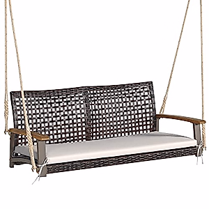 Tangkula 2 Person PE Wicker Porch Swing Bench, Outdoor Hanging Swing with Soft Seat Cushion and Hanging Ropes(Length of 118" for Each Chain), 800 LBS Weight Capacity (Off White)