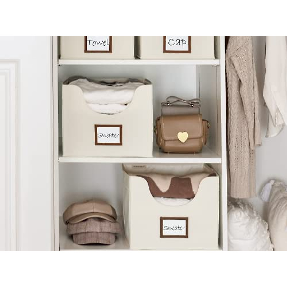 StorageWorks Closet Storage Bins, Open Front Cube Storage Bins with Cutout Window and 2 Handles, Foldable Fabric Clothes Organizer, Large, Beige, 2-Pack