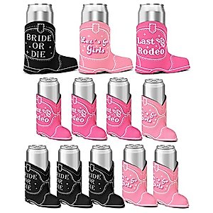 CiyvoLyeen Cowgirl Boots Can Coolers, 12PCS Bachelorette Party Can Sleeves Neoprene Insulator Drink Glasses Cup Holders for Disco Western Cowboy Women Girl Gifts Let's Go Girls Bride or Die Supplies