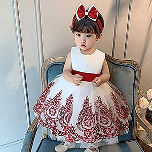 AVAZU 0-6T Easter Big Bowknot Pageant Lace Embroidery Dress Toddler Baby Girls Party Ball Gown Dress Tutu Gown Formal Dresses with Headwear Red+White 70