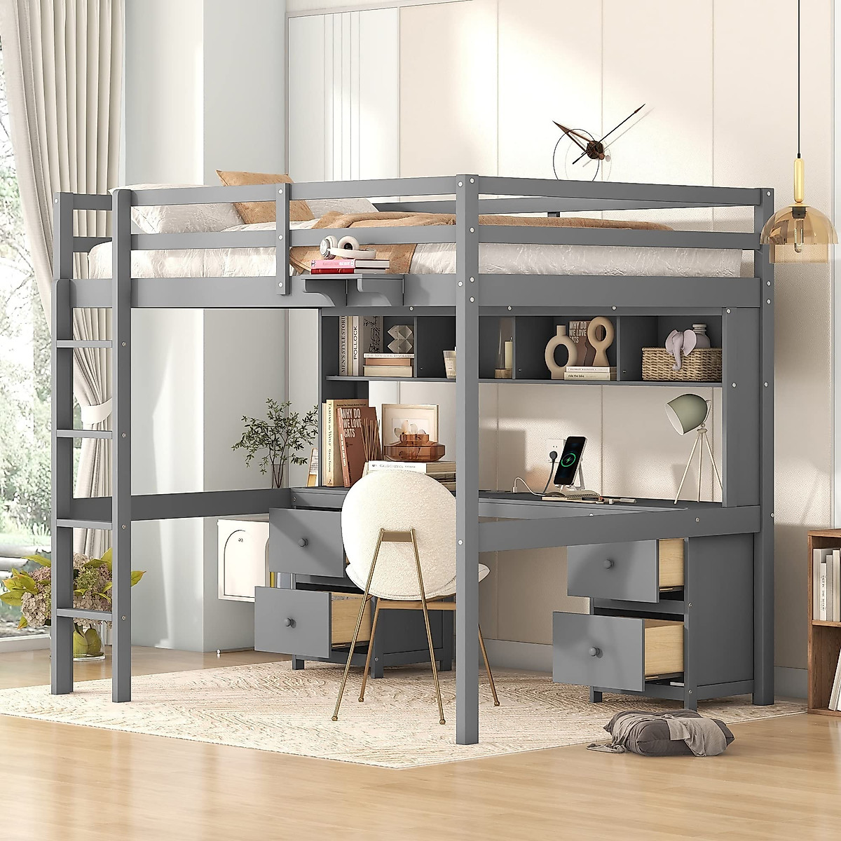 KTATK Full Size Loft Bed with Desk and Cabinets,Multifunctional Storage Solid Wood Bed Frame w/Drawers,Bedside Tray,Charging Station,Integrated Ladder,for Bedroom,Apartment,Grey