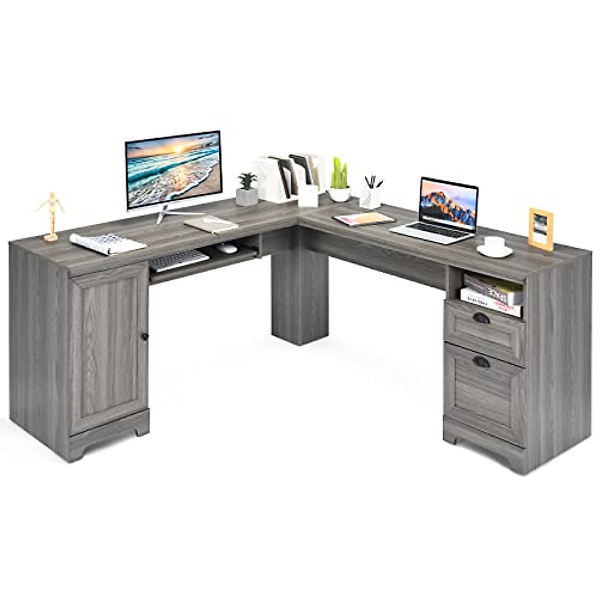 Tangkula 66" × 66" L-Shaped Desk, Corner Computer Desk with Drawers Keyboard Tray and Storage Cabinet, Home Office Desk, Sturdy and Space-Saving Computer Workstation