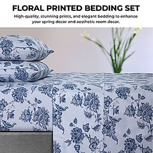 Tribeca Living Ultra-Soft Flannel Sheet Set, 170-GSM Cotton, Deep Pocket, Cozy Winter Bedding - Queen, Floral Deep Blue