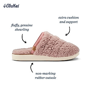 OLUKAI Pupu Mua Women's Slipper, Cozy Slip-On Shoes, Genuine Shearling & Premium Nubuck Leather, Pink Sea Salt/Pink Sea Salt, 10