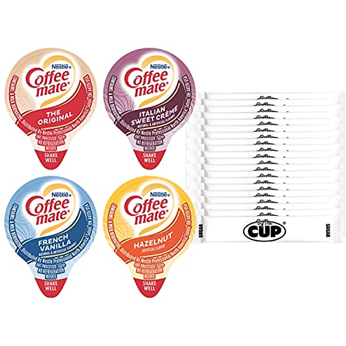 Coffee mate Liquid .375oz Variety Pack (4 Flavor) 100 Count includes Original, French Vanilla, Hazelnut, Italian Sweet Crème & By The Cup Sugar Packets