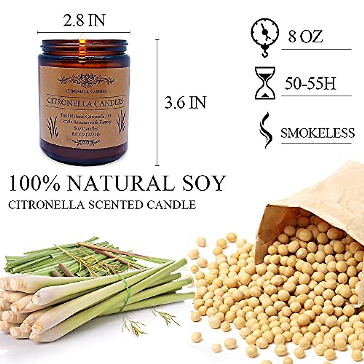 2 Packs 8 Oz Citronella Candles Outdoor Indoor, Glass Jar Candles Gift Set up to 110 Hours Burning, 100% Natural Soy Wax Candles, Long Lasting Lemongrass Scented Candle for Garden, Patio