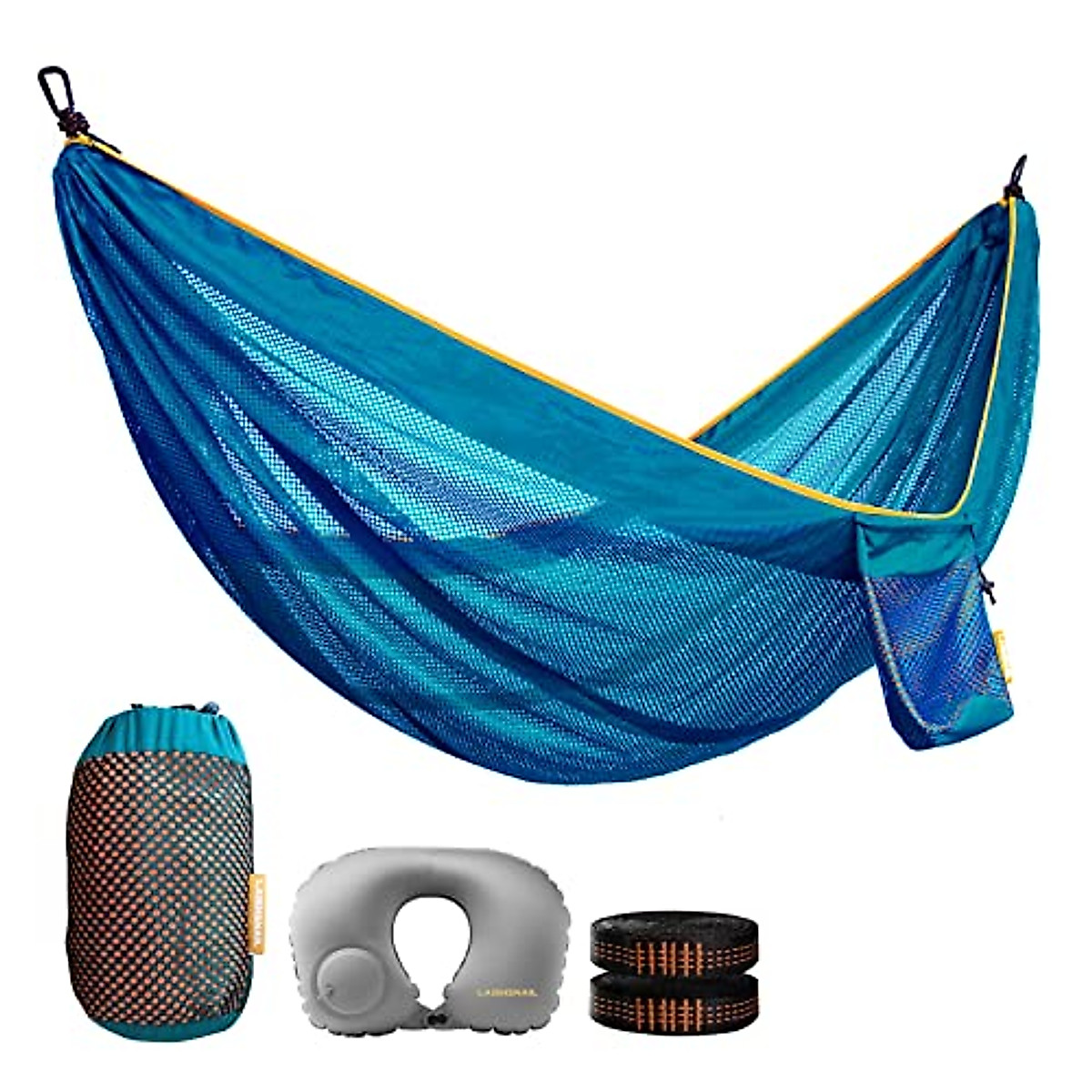 LAISHSNAIL Camping Hammock with Neck Pillow, Portable Mesh Ice-Silk Polyester Outdoor Double Hammocks with 2 Tree Straps, 500 lbs Load Capacity, Perfect for Camping Outdoor/Indoor Patio(Blue)