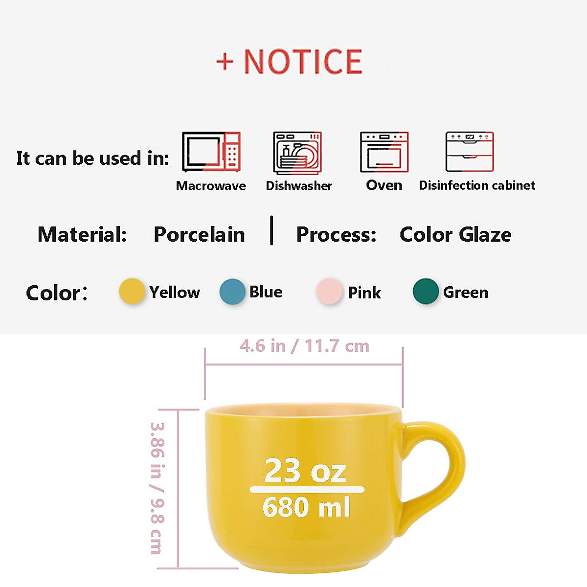 TeenFighter Porcelain Large Oatmeal Mug - 23 Ounces(680mL) Wide Coffee Mug, Breakfast Cup and Soup Bowl, Microwave and Dishwasher Safe, Ceramic Mug for Milk, Tea, Fruit, Ice Cream…