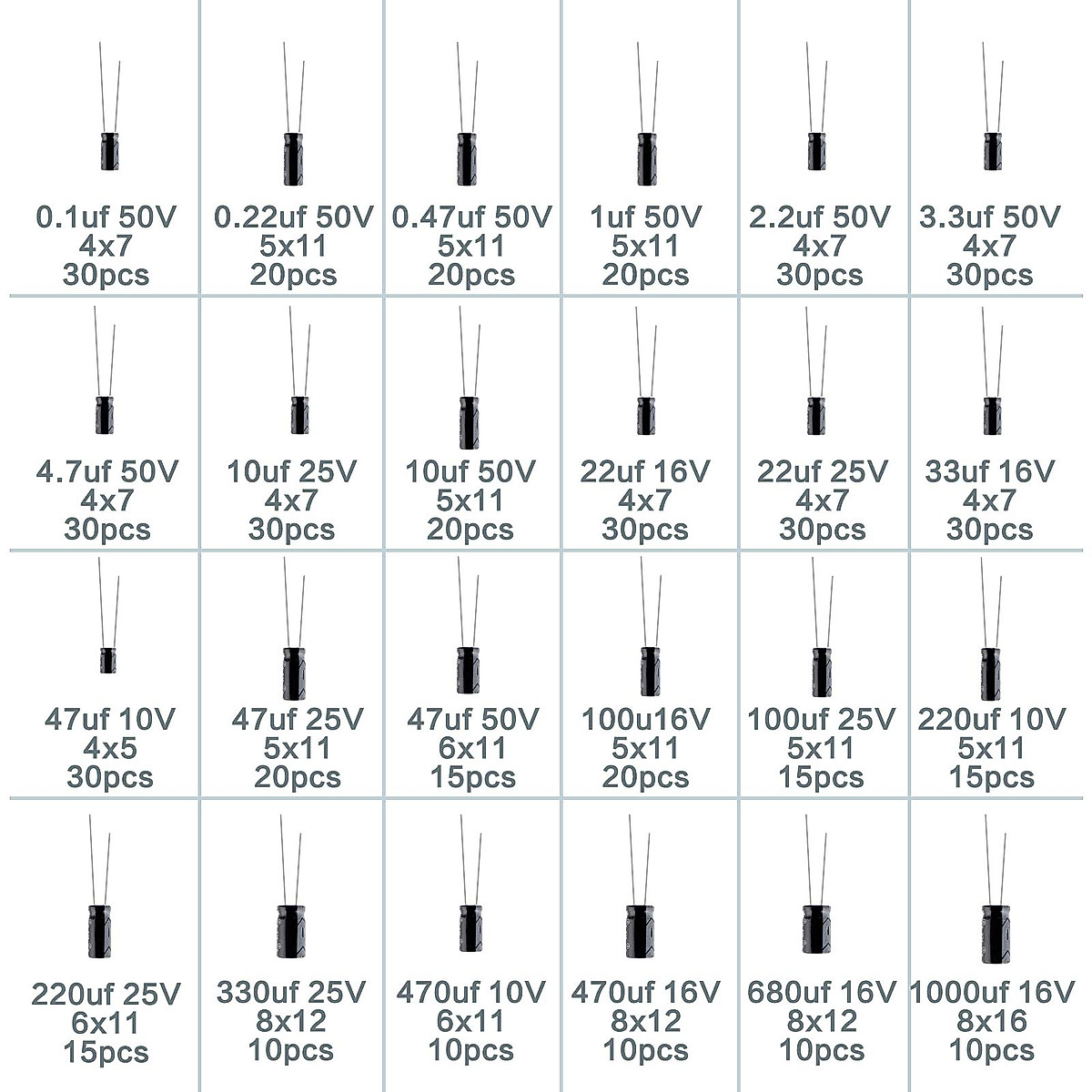 24 Values 500 Pcs Aluminum Electrolytic Capacitor Assortment Box Kit Range 0.1uF~1000uF MFD 10V/16V/25V/50V Radial Electrolytic Capacitors for TV, LCD Monitor, Radio, Stereo, Game