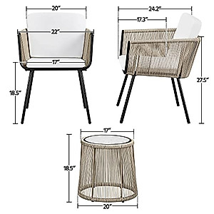 Topeakmart 3 Piece Patio Bistro Set, Outdoor All-Weather Conversation Bistro Set w/ 2 Wide Ergonomic Chairs, Cushions&Glass Top Table for Porch, Backyard, Balcony, Garden