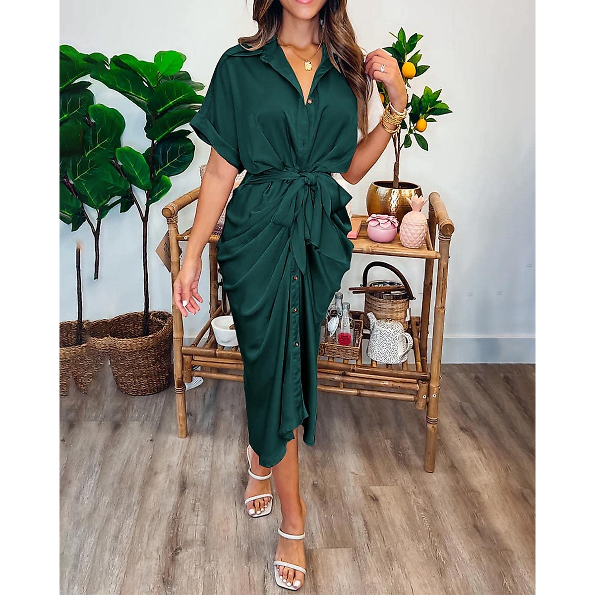 BTFBM Women 2024 Button Down Ruched Shirt Dresses Short Sleeve Lapel V Neck Elegant Party Spring Summer Maxi Satin Dress(Short Sleeve Dark Green, Large)