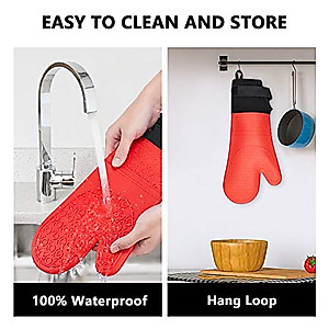Silicone Oven Mitts with Adjustable Cuff, RoomyRoc Oven Mitt with Non-Slip Grip and Thicker Liner, Heat Resistant Pot Holders, Extra Long Professional Soft Flexible Oven Gloves, Red, 1 Pair, 14.7 Inch