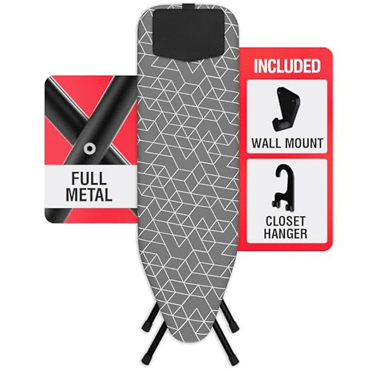 D-Crease+ 48" X 13" Full Metal Ironing Board W/Silicon Iron Rest, Wall Mount & Closet Hanger, Full Metal Heavy Duty Construction, Heat & Scorch Resistant Fabric, 36" Height Adjustable