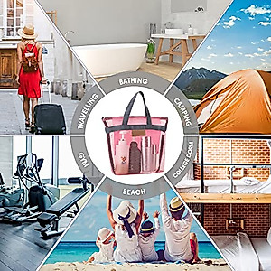 THINP Portable Shower Caddy, Mesh Shower Caddy Tote Mesh Shower Bag Quick Dry Shower Tote Bag with Zipper & 2 Pockets for College Dorms Gym Swimming Beach Travel Sports Games 10.6 * 7.8 Inch (Pink)