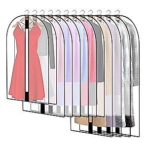 Pwsap 12 Pack Breathable Clothes Covers with Zip, Hanging Garment Covers Bags Dress Bag Covers Moth-Proof Mens Suit Storage Bag Dust Cover for Wardrobe Storage and Travel(Clear)