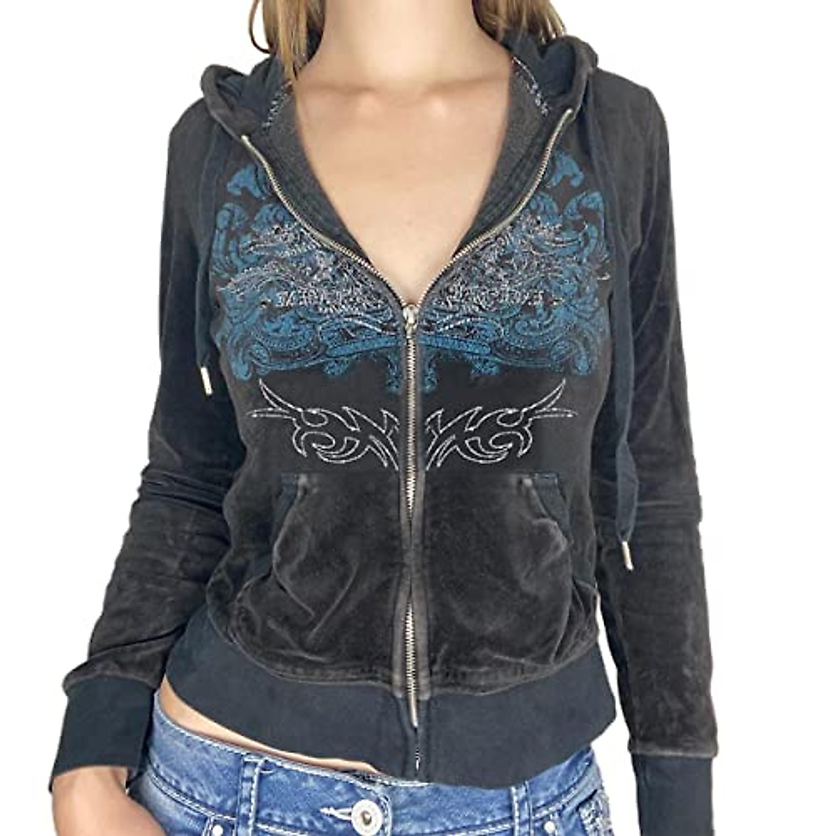 ZZEVOLSS Women's Cropped Zip Up Hoodie Y2K Vintage Velvet Hooded Sweatshirt Cute Hoodies Teen Girl Fall Jacket (Embroidery Graphic black,Large)