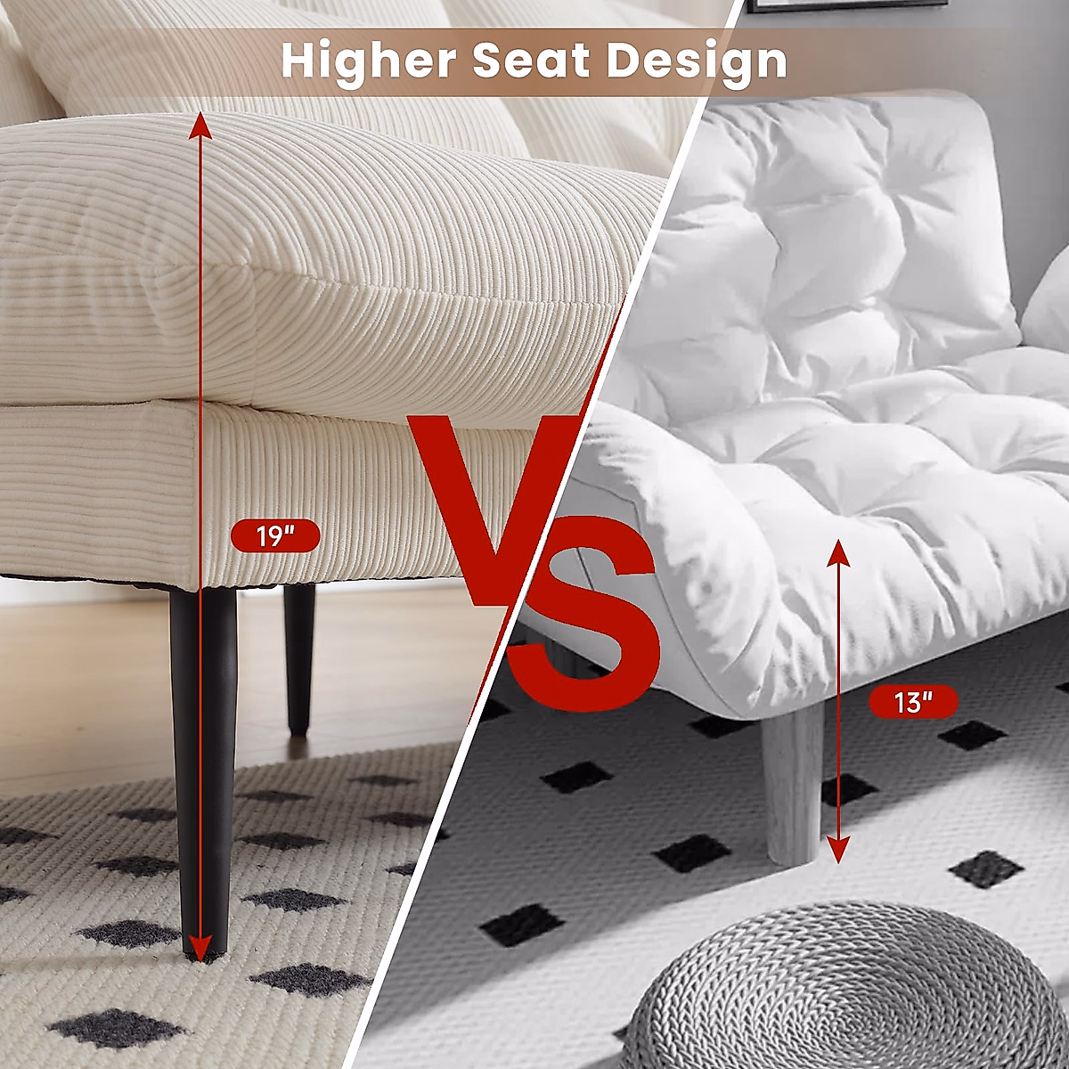 ASAHREE 72'' Corduroy Futon Convertible Sofa Couch,Comfy Sleeper Sofa Bed with Adjustable Backrest, Modern Futon Loveseat for Living Room, Bedroom, Office, Apartment, Dorm, White