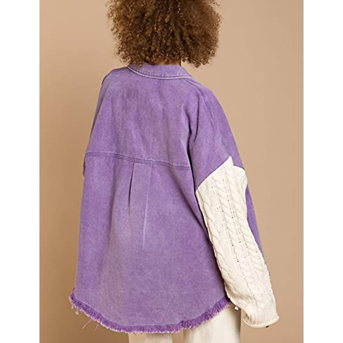 ChiyeeKiss Women's Oversized Patchwork Jean Jacket Distressed Fringed Hem Denim Jacket Sweater Long Sleeves Shacket Jacket(0028-LightPurple-M)