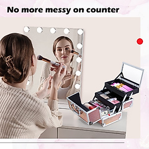 Joligrace Makeup Box Cosmetic Train Case Jewelry Organizer Lockable with Keys and Mirror 2-Tier Tray Portable Carrying with Handle Travel Storage Box