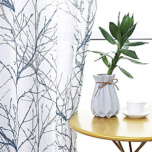 FMFUNCTEX Print Blue White Semi-Sheer Curtain Panels for Bedroom 63” Grey Tree Branch Printing on Linen Textured Window Treatment Set for Living Room Draperies 50”w 2-Pack