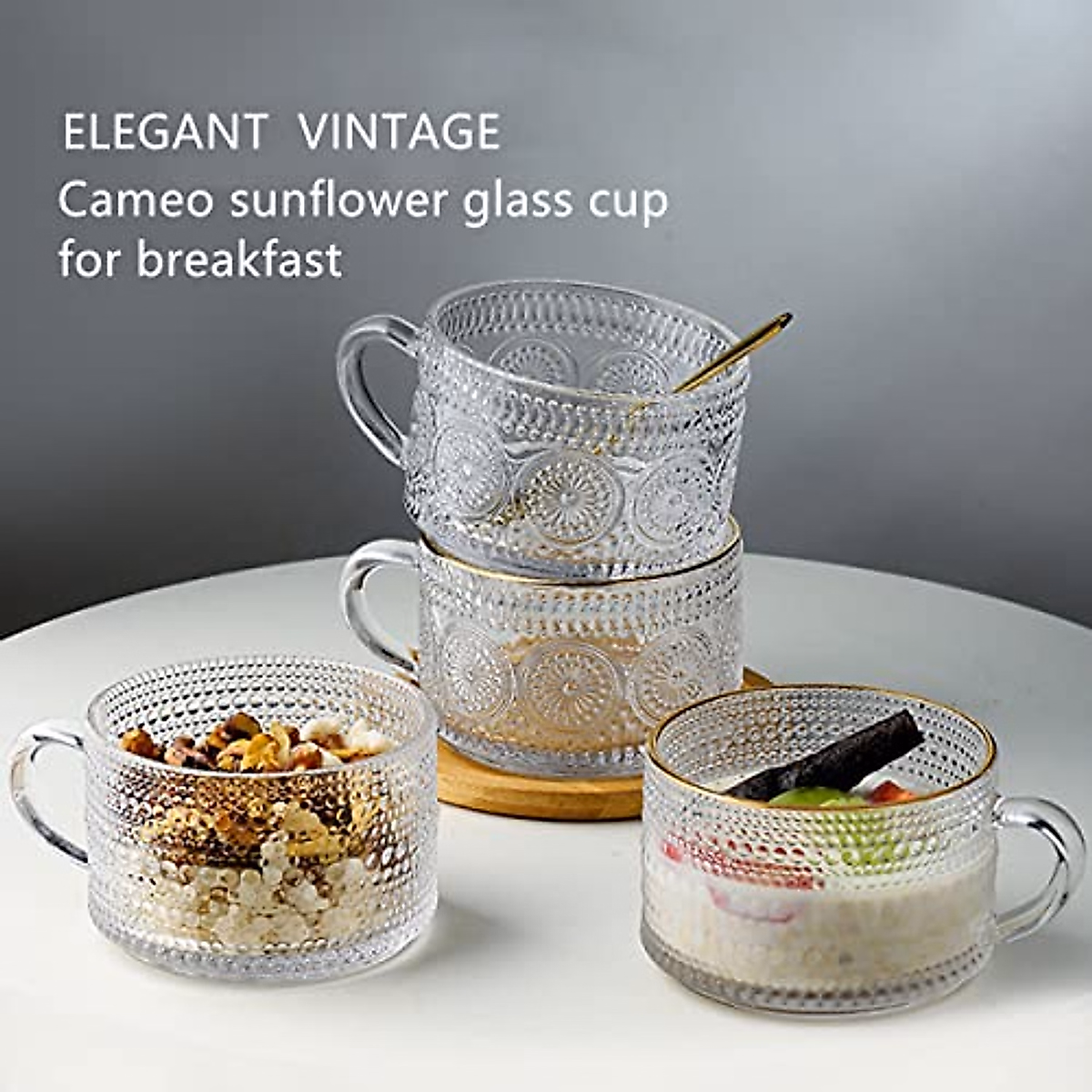 LUECMO Vintage Coffee Tea Cups [2 Pack], 14 oz Glass Tea Coffee Mugs, Clear Embossed Glass Cups for Cappuccino, Latte,Cereal, Yogurt, Beverage (Transparent)