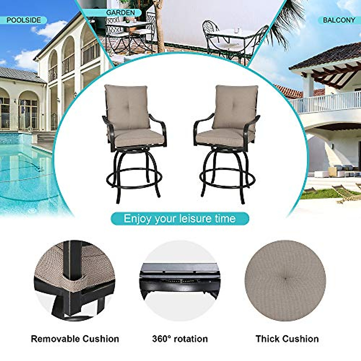 PATIO TREE Outdoor Counter Height Bar Stools, Patio Swivel Bar Chairs with Polyester Cushions, Set of 2