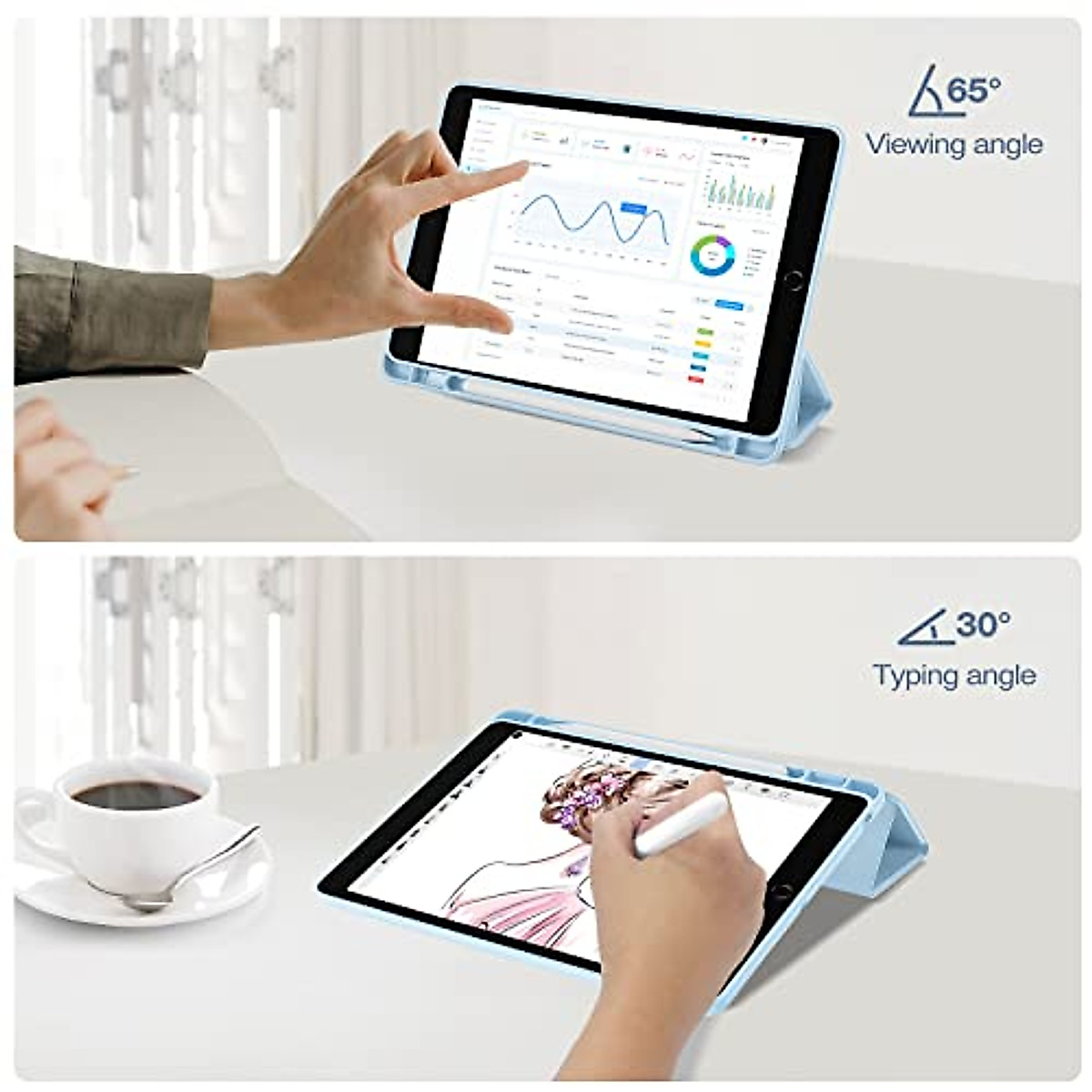 ProCase Smart Case for iPad 10.2 iPad 9th Generation 2021/ iPad 8th Generation 2020/ iPad 7th Generation 2019 Case with Pencil Holder, Trifold Stand Hard Frosted Back Cover for iPad 10.2" -SkyBlue