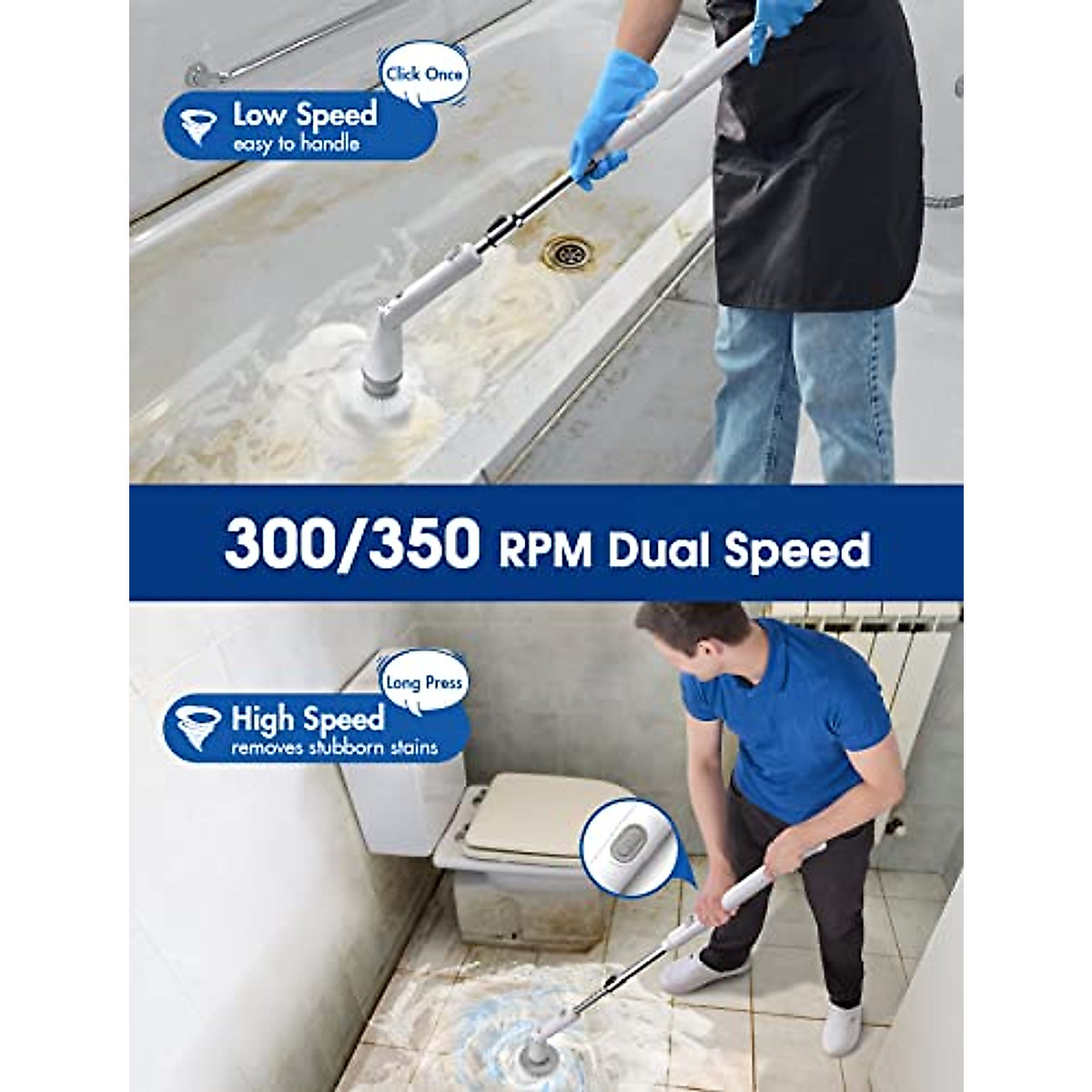 Electric Spin Scrubber, Sweepulire Cordless Cleaning Brush with 2 Speeds , Adjustable Extension Arm, 4 Replaceable Brush Heads, Power Shower Scrubber Cleaning Brushes for Bathroom, Tub, Tile, Floor