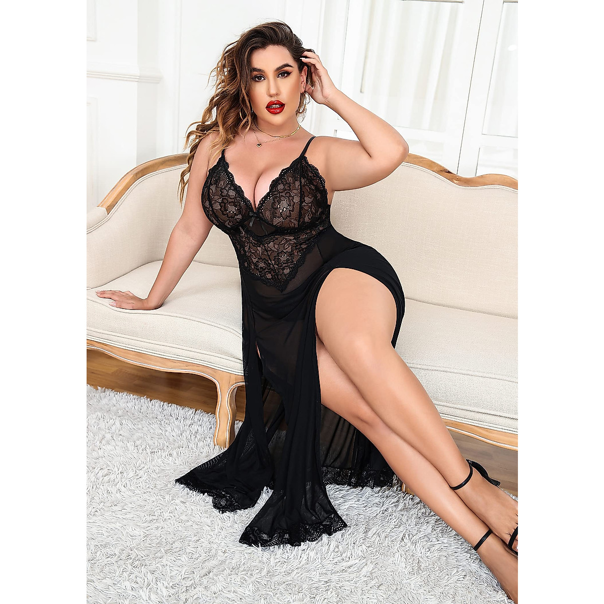 Avidlove Women's Lingerie Plus Size Split Long Mesh Lingerie Dress Babydoll Chemise Black Nightgown 5X-Large