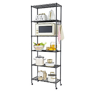 Homdox 6-Tier Wire Storage Rack with Wheels, Skinny Shelf for Small Spaces, Metal Shelves for Storage with Side Hooks, for Pantry Organization, Bathroom, Kitchen, Black
