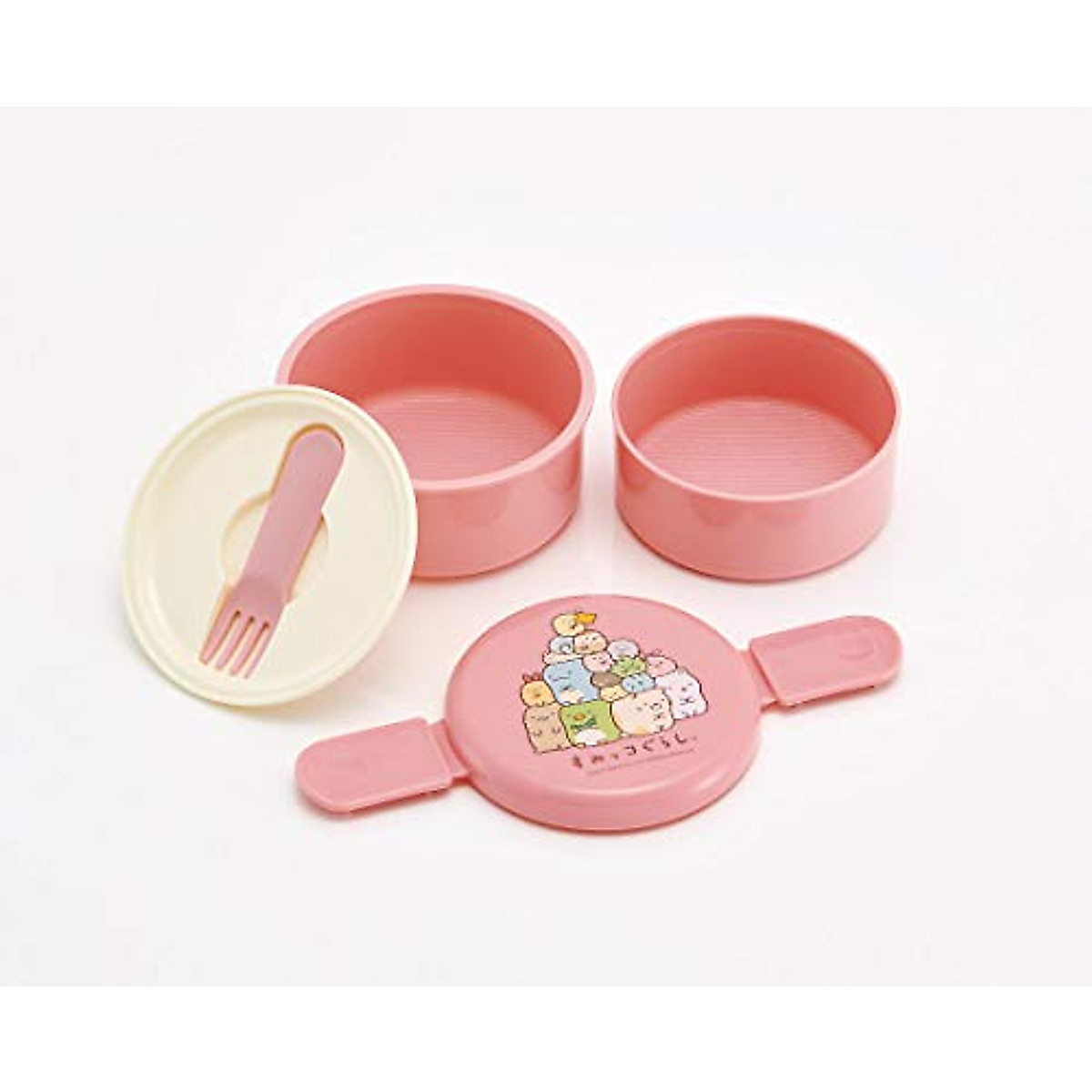 Skater Sumikkogurashi 2 Tier Round Bento Lunch Box with Folk (17oz) - Authentic Japanese Design - Microwave Safe - Pink