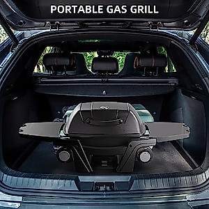 Portable Gas Grill, Portable Propane Grill, Propane Gas Grill, 24,000 BTU Outdoor Tabletop Small BBQ Grill with Two Burners, Removable Side Tables, Gas Hose and Regulator, Built in Thermometer, Black