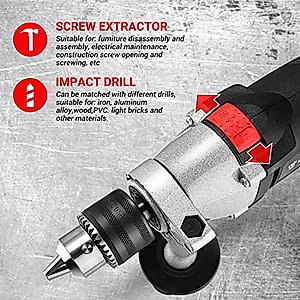 DEKOPRO 8Amp 1/2-inch Corded Impact Drill with 12pcs Accessories, Variable Speed 0-2800, Hammer and Drill 2 Functions in 1, 360°Rotating Handle, Depth Gauge, Carrying Case Included