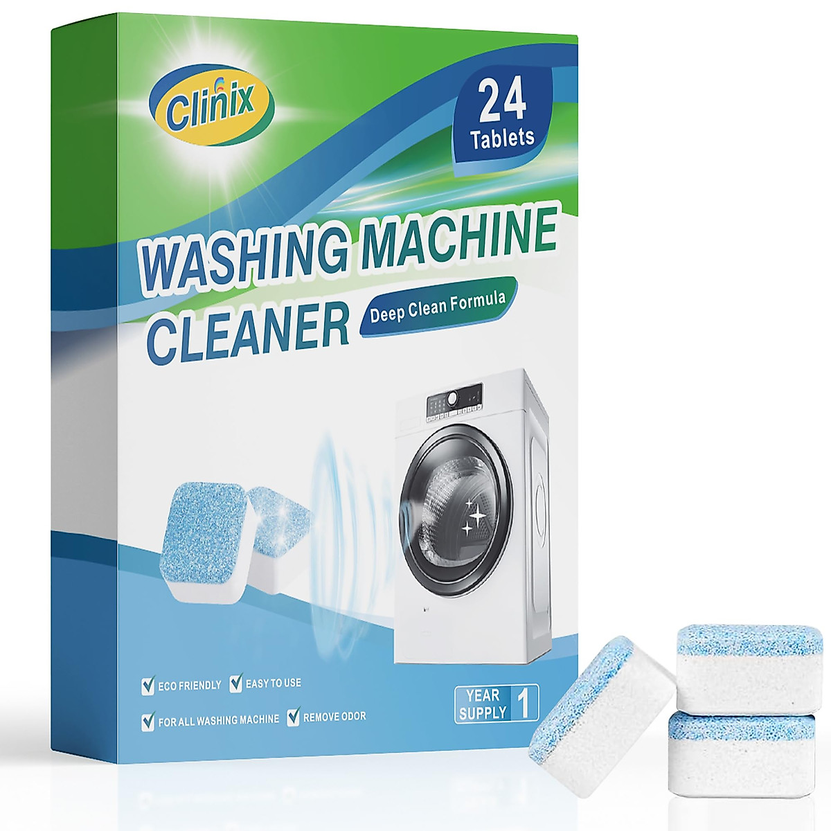EENET Clinix - 24 Pack of Washing Machine Cleaner Tablets for Front Load & Top Load Washer - Deep Cleaning Washer Machine Remove Odor