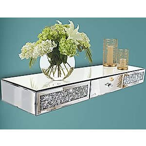 Mirrored Furniture Wall Shelf with Drawer, Crystal Diamond Floating Showcase, Silver Mirror Crushed Diamond Decorative Dressing Table, Gorgeous Bling TV Set, Wall Art Décor,31.5" L×7.9" W×3.1" H