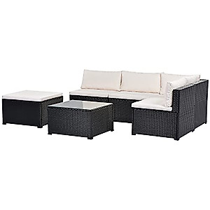 Patio Wicker Set,6-Piece Outdoor Furniture Set with PE Rattan Wicker, Patio Garden Sectional Sofa Chair with Removable Cushions for Porch, Beach (/Black Wicker+ Beige Cushion)
