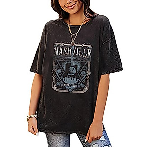 Womens Country Music Shirts Nashville Music City T-Shirt Vintage Guitar Oversized Graphic Tee Summer Short Sleeve Tops Charcoal Black
