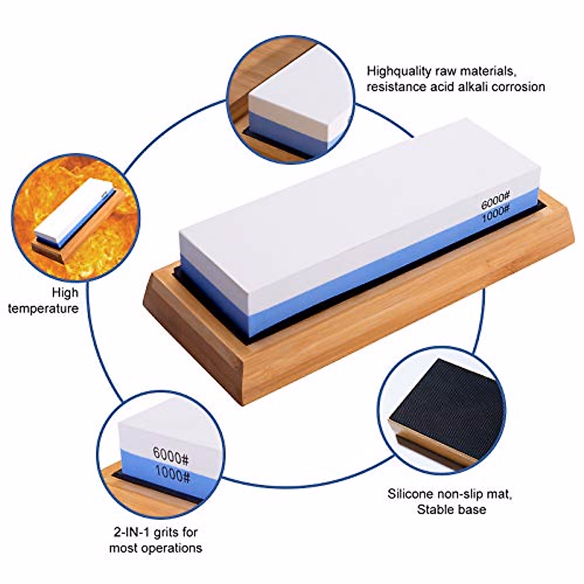 MIDO PROFESSIONAL ABRASIVE Whetstone Knife Sharpener 2 Side Grit 1000/6000 Knife Sharpening Stone, Knife Sharpener Stone with Non-slip Bamboo Base, Wet Stone Sharpening Kit for Kitchen Hunting