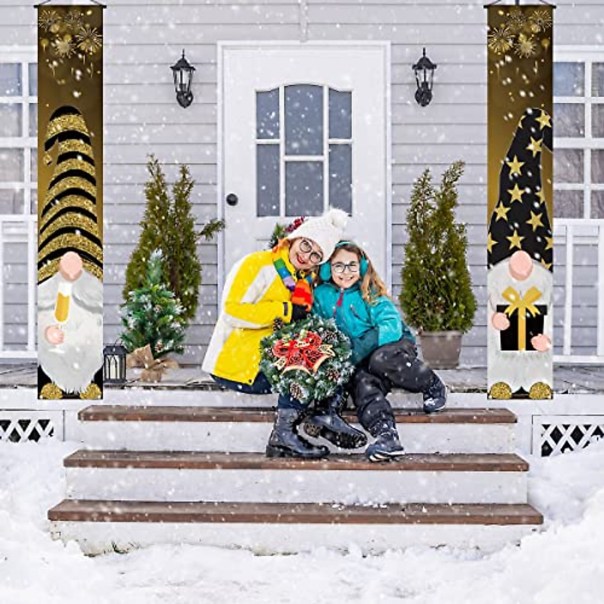 Happy New Year Gnome Porch Banner 2023 New Year's Eve Christmas Holiday Front Door Sign Wall Hanging Party Decoration