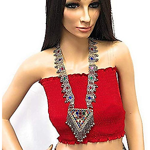 Duel On Jewel Afghan Tribal Womens Statement Kuchi Oxidized Metal Handmade Triangle Pendant Necklace in Multicolor - Bohemian Belly Dancing Dandiya Jewelry