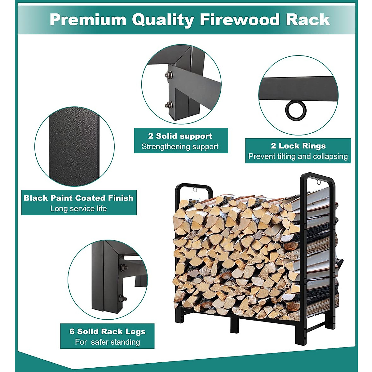 Fandature 4Ft Firewood Rack Adjustable Fireplace Wood Holder For Outdoor Indoor Storage Log - Heavy Duty Fire Log Lumber Stand Stacker, Black