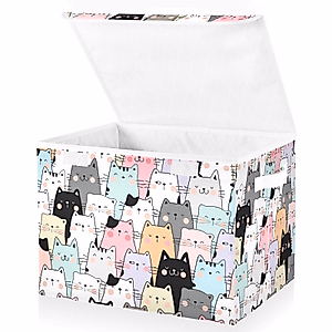 ALAZA Collapsible Large Storage Bin with Lid, Cute Cat Funny Face Foldable Storage Cube Box Organizer Basket with Handles, Toy Clothes Blanket Box for Shelves, Closet, Nursery, Playroom