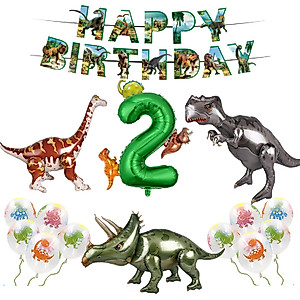 Dinosaur themed birthday party decorations, realistic Tyrannosaurus Rex, Brachiosaurus, Triceratops, dinosaur digital 2 balloons, and 20pcs dinosaur latex balloons, dinosaur themed arch pull banners