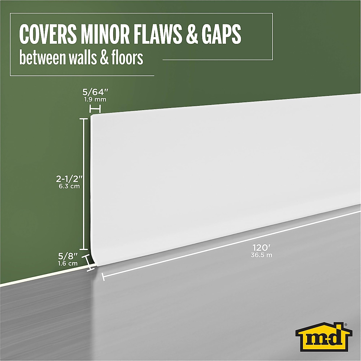 M-D Building Products 75929 2.5-Inch x 120-Feet Dry Back Vinyl Wall Base, Flexible Dry Back Vinyl Trim with Toe - Easy Install Molding Trim for Floors, Baseboards, Bulk Roll, White