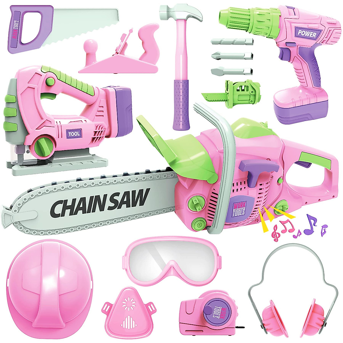Kids Tool Set with Electric Toy Drill Chainsaw Jigsaw Toy Tools for Girl, Realistic Kids Power Construction Pretend Play Tools Set Toddler Toys Playset Kit for Toddler Boy Girl Kid Child Tool Toy Pink